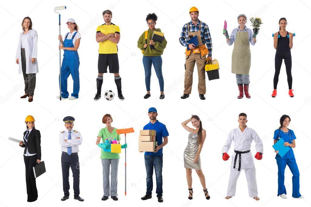 Collage conjunto colección de personas con diversas profesiones ...
