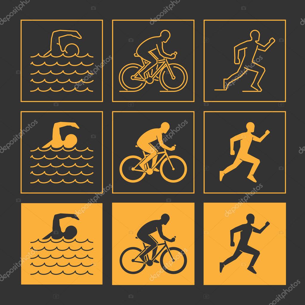 Modern line triathlon symbol. Gold vector figures triathletes. Stock ...