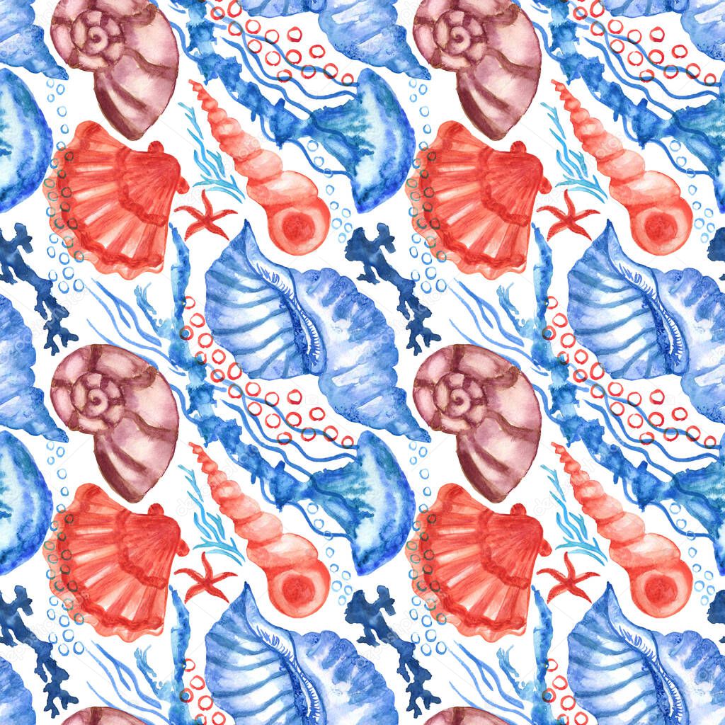 Conchas de mar acuarela y estrellas de mar patrón sin costuras ...