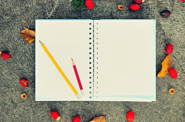 Note book and pencil on concrete floor/ low key - Stock Image - Everypixel