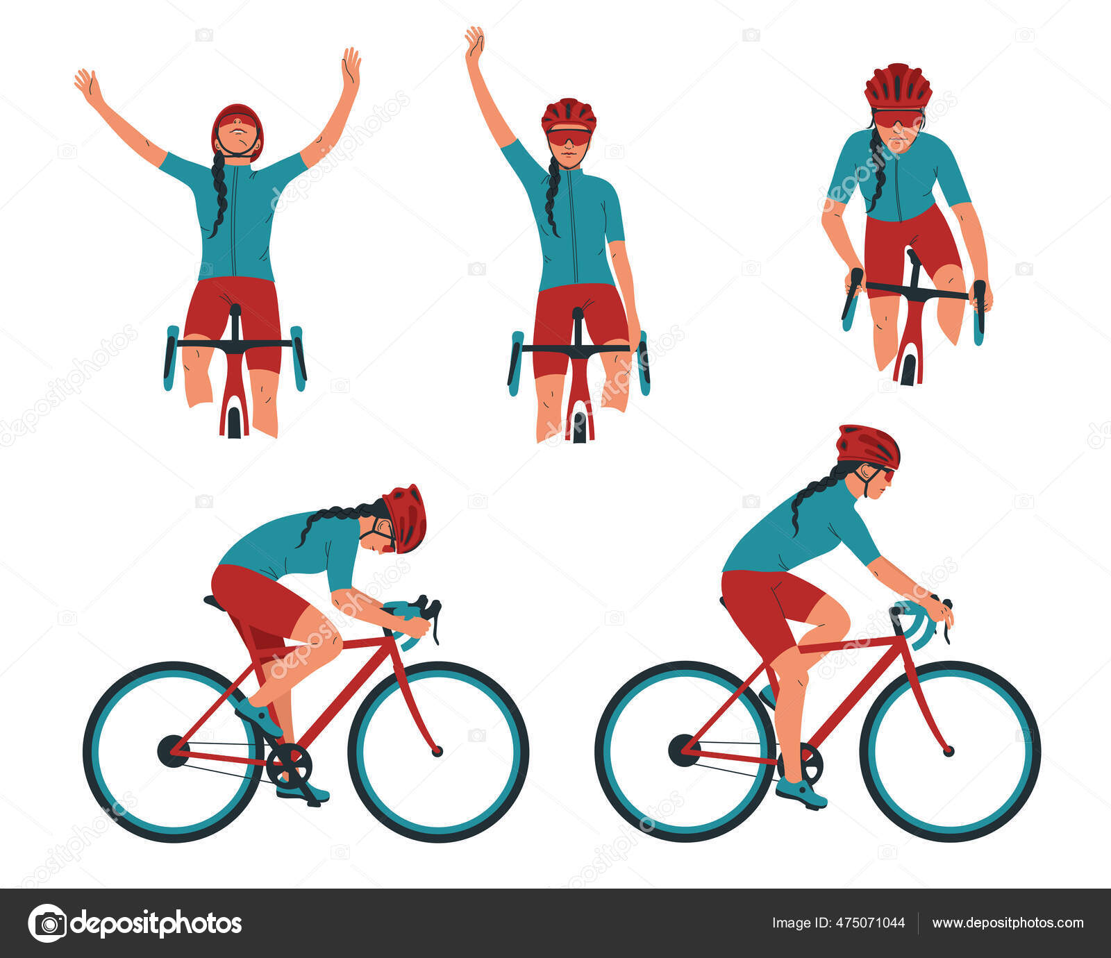 Woman Cyclist Action Set Biker Bicycle Race Side Front Competition ...