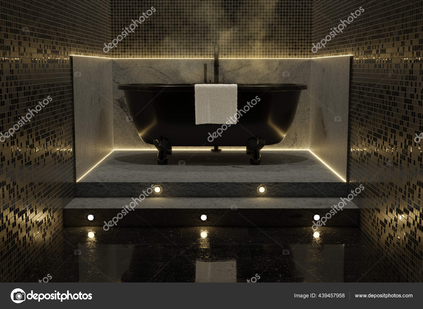 Rendering Freestanding Black Bathtub Illuminated Yellow Led Lights ...