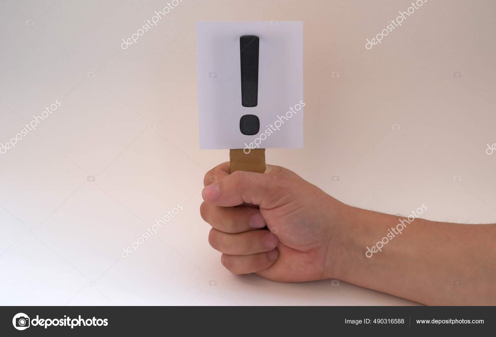 White Sign Exclamation Mark His Hand White Background — Stock Photo ...