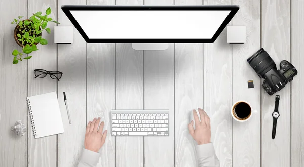 Modern desk with isolated computer display top view. Designer works ...