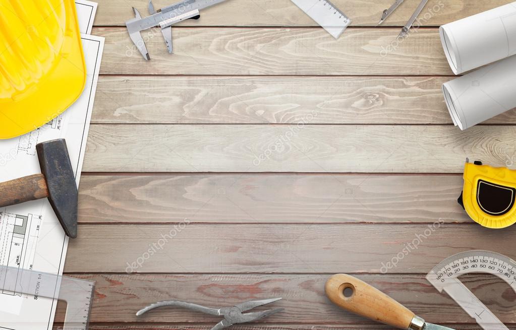Construction tools on worker desk. Free space for text. — Stock Photo ...