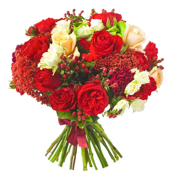 Floral composition in glass, transparent vase: red roses, orchids, red ...