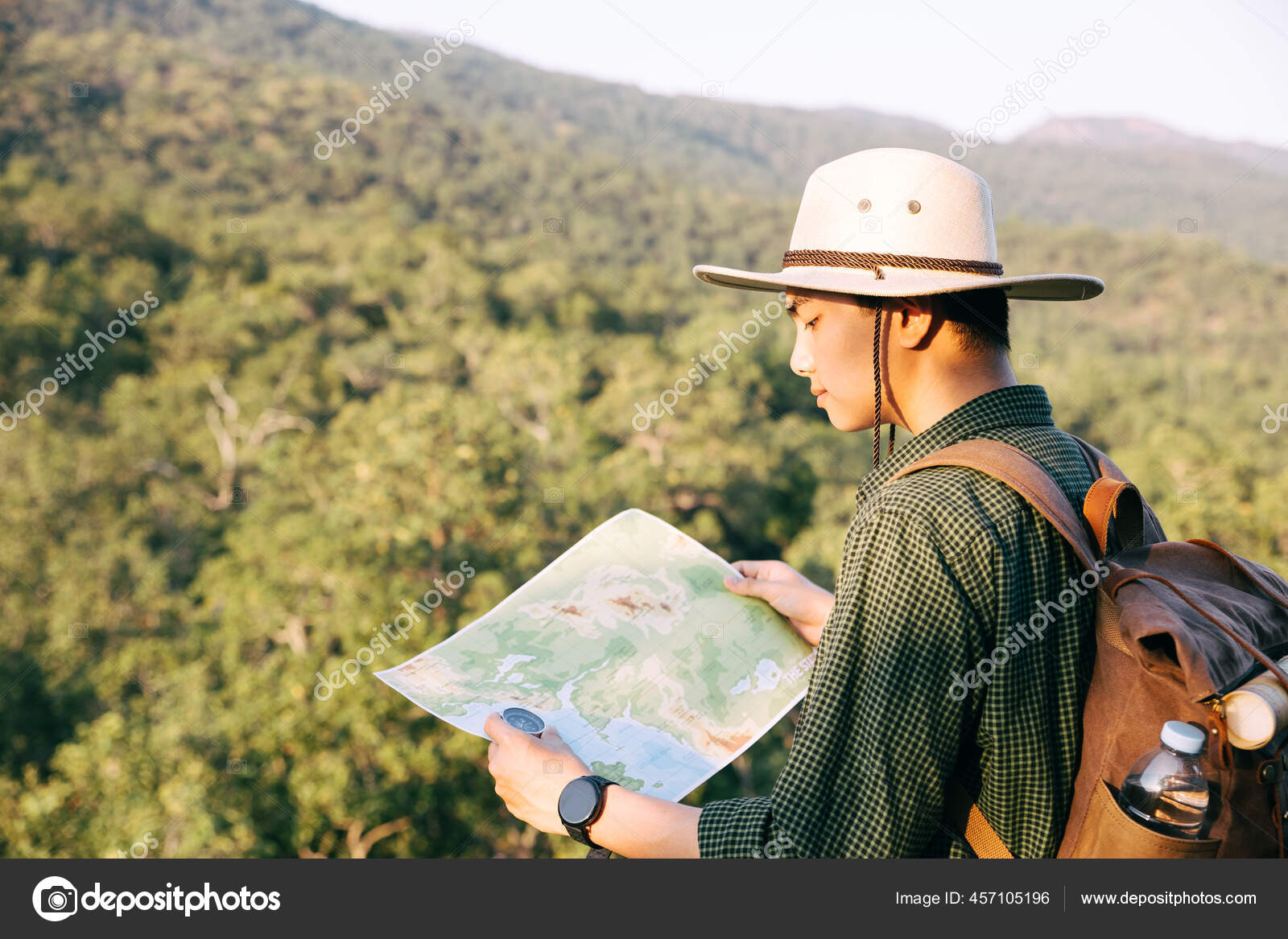 Asian Teenager Using Compass Paoer Map Hike Forest Peak Mountain Stock ...