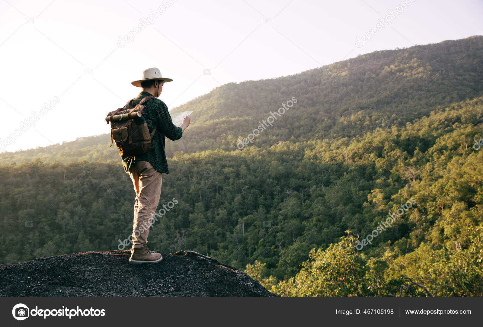 Asian Teenager Using Compass Paoer Map Hike Forest Peak Mountain Stock ...