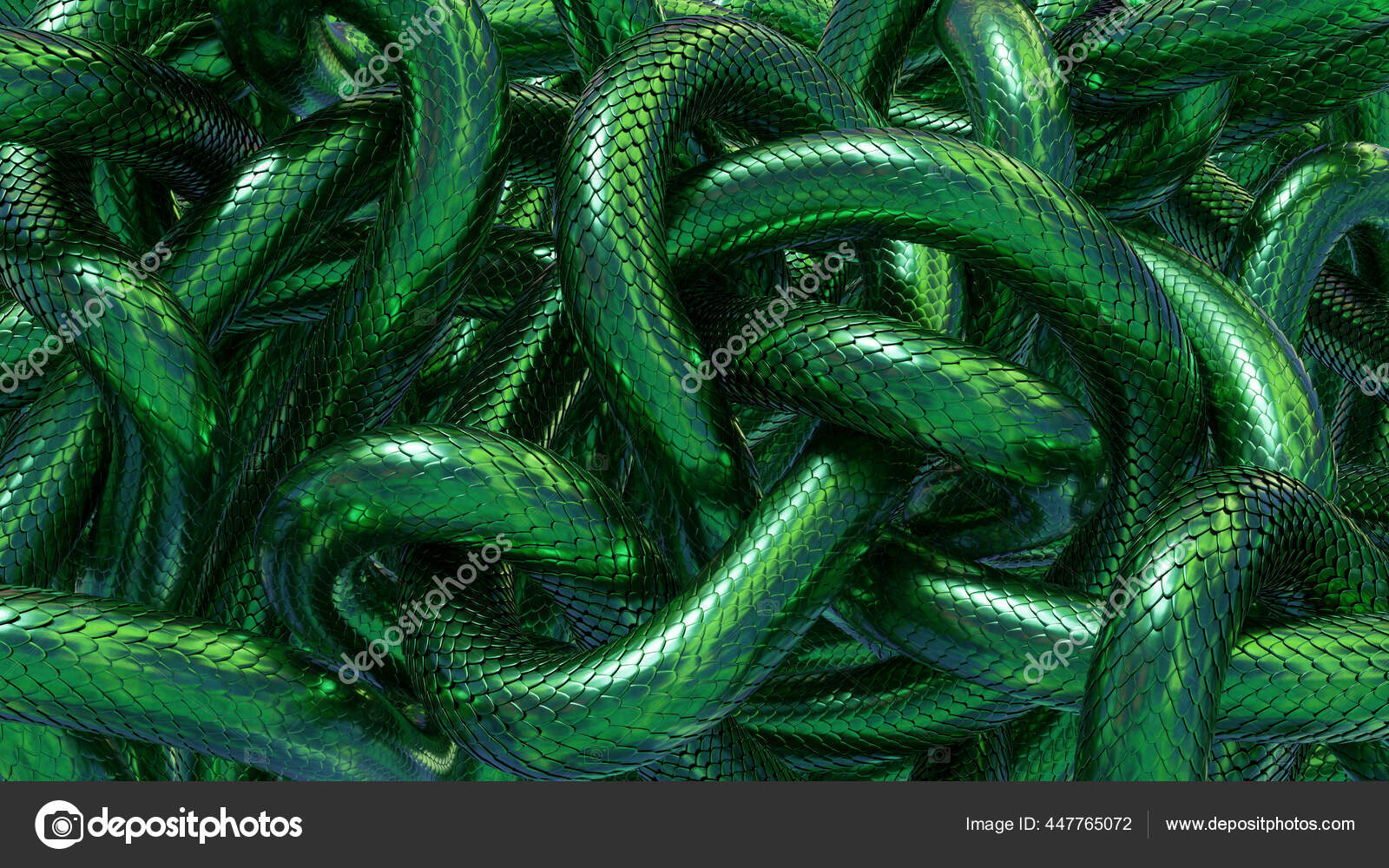 Serpientes enredadas con escamas metálicas verdes. Fondo de fantasía ...