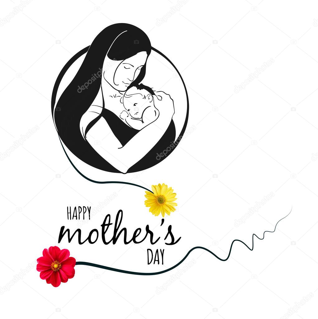 Día de las Madres. Silueta de una chica con un bebé en sus brazos. Mujer joven y hermosa. Feliz ...