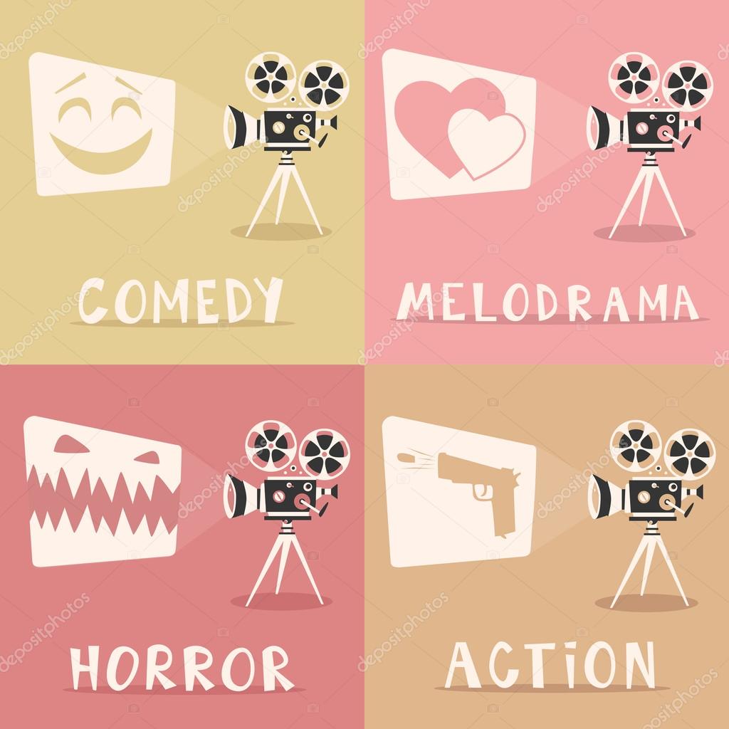 Movie genres poster. Cartoon vector illustration. Film projector and ...