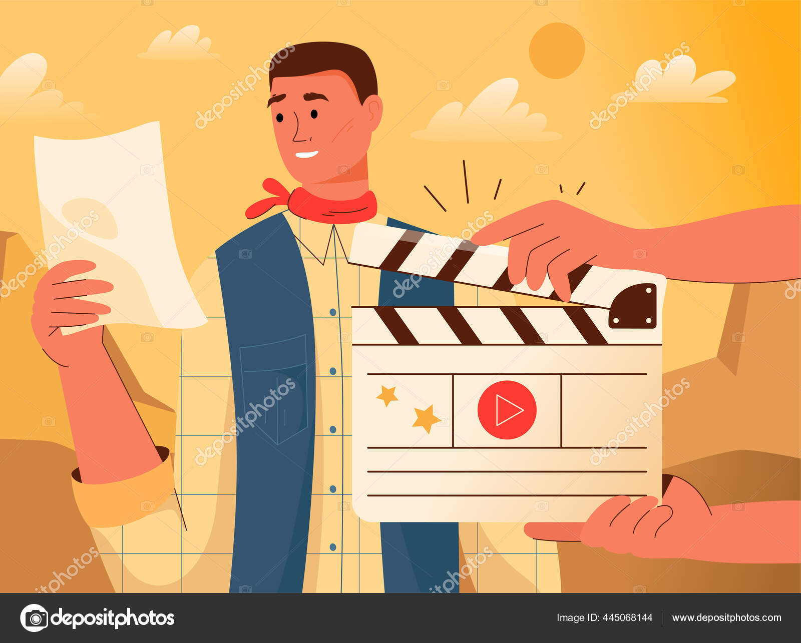 Haciendo películas. El actor lee el guión. Manos sosteniendo el tablero ...