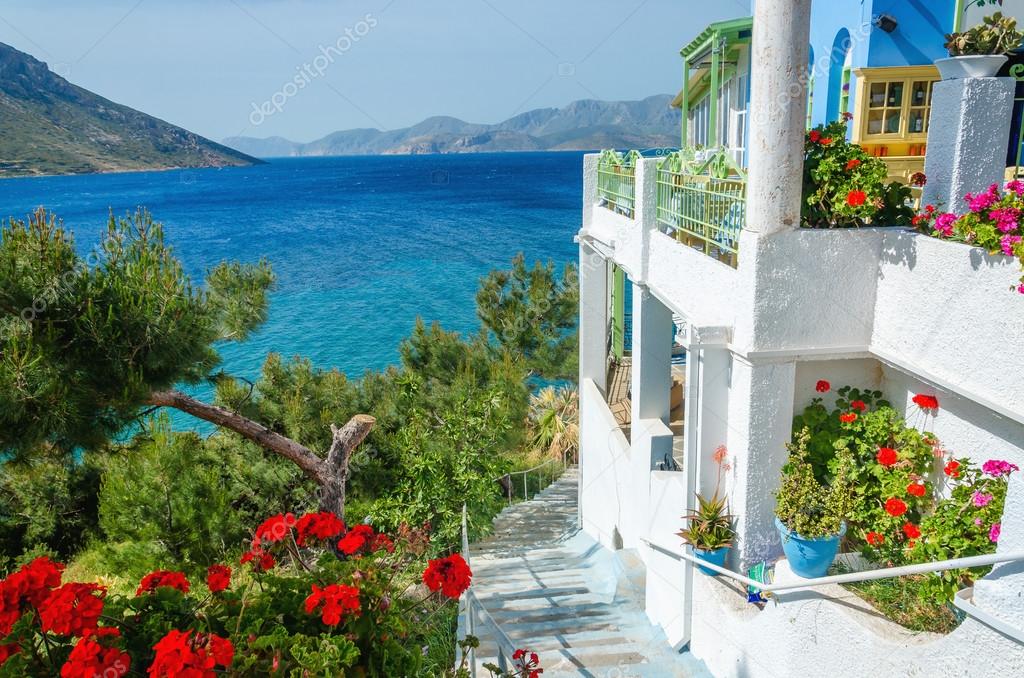 Greek studio with flowers and white teracce Greece Stock Photo by ...