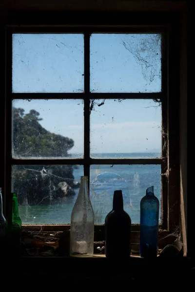 Old bottles standing on window sill of multi-paned window with view ...