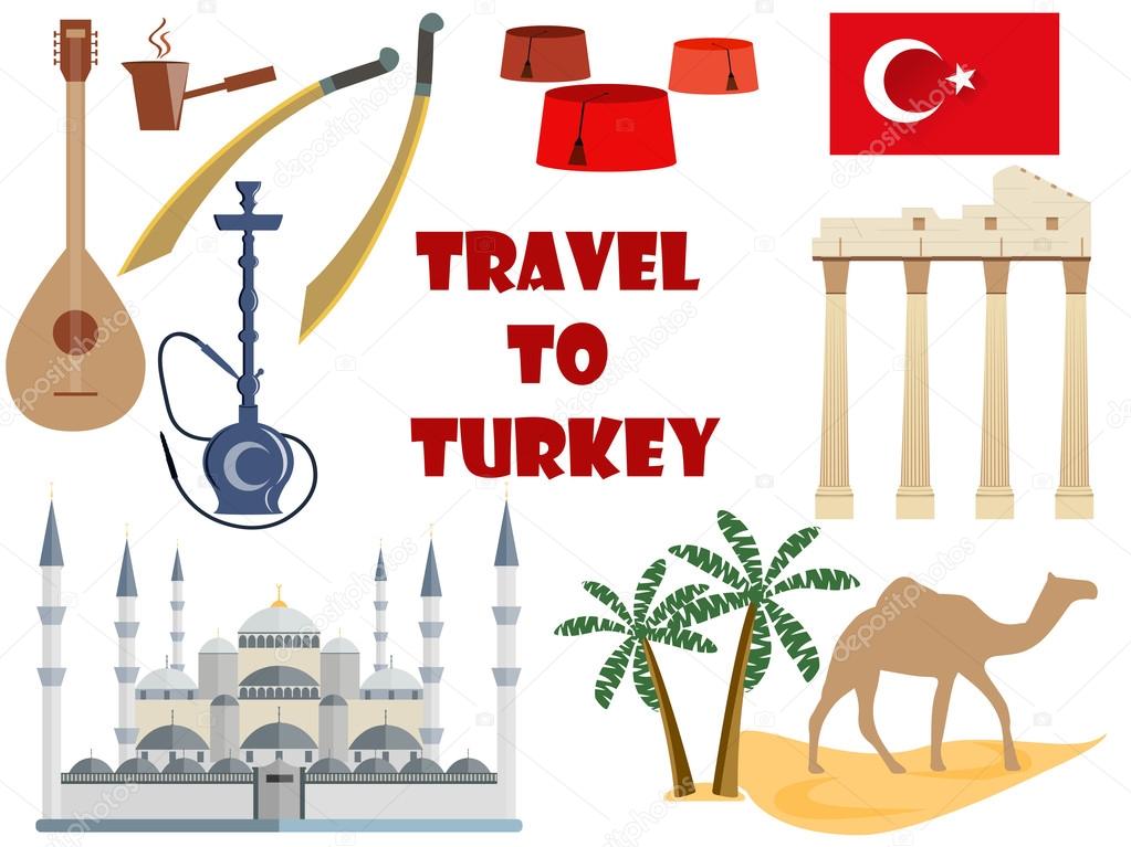 Viaje para Turquia. Símbolos da Turquia. Turismo e aventura . Vetor de ...