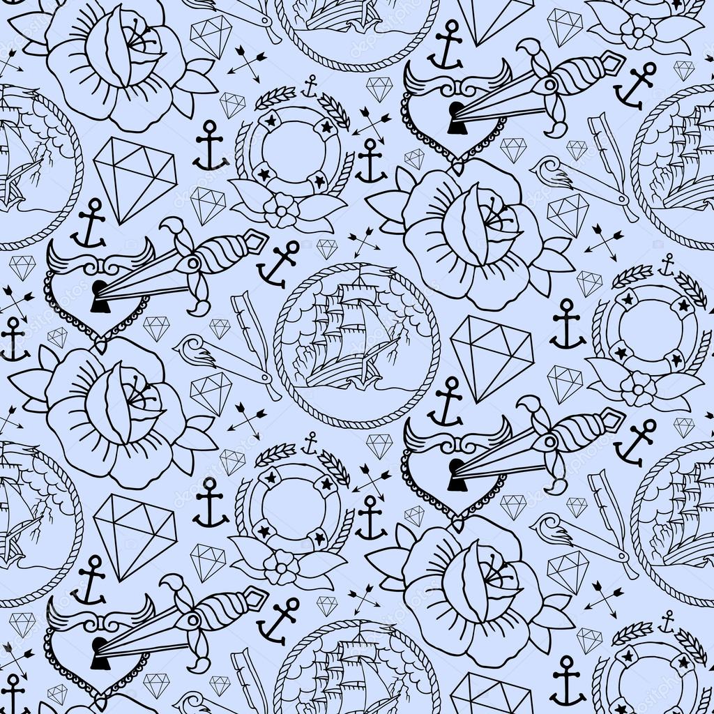 Tattoo seamless pattern with different hand drawn elements Stock Vector ...