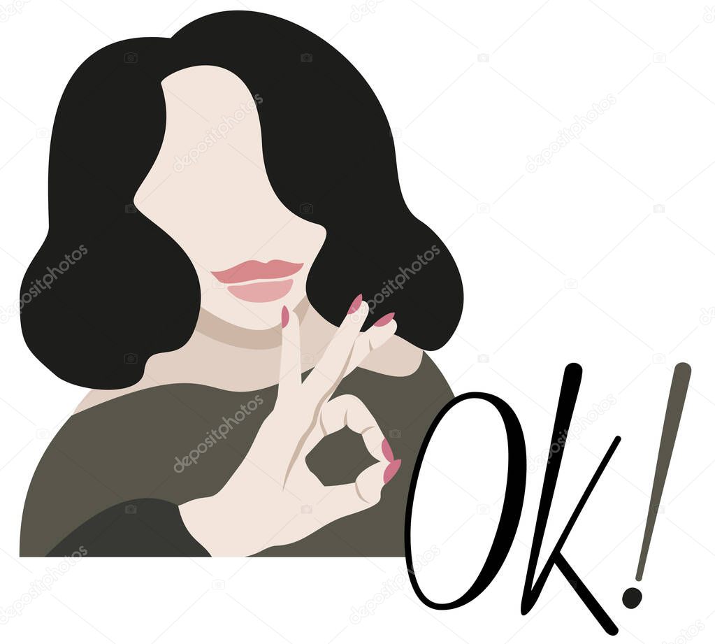 Ilustraci n aislada vectorial de la mujer de cabello oscuro, que muestra gesto de la mano, que ...
