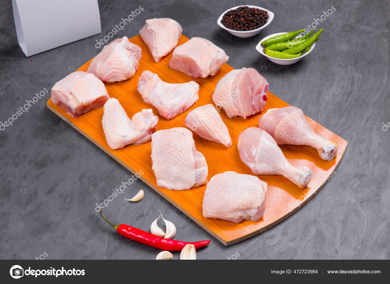 Raw Chicken Tender Curry Cut Skin Arranged Wooden Board Garnished Stock ...