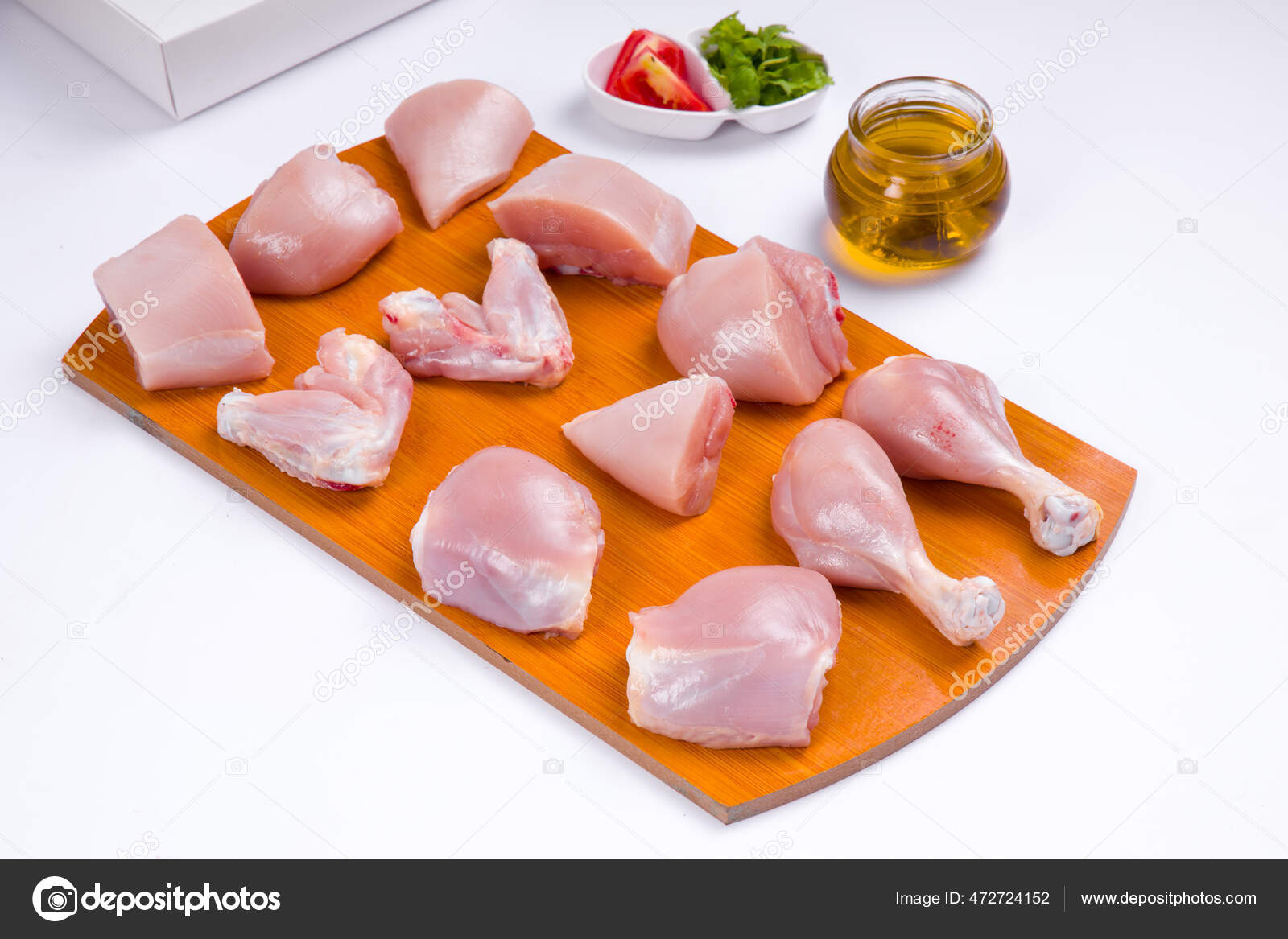Raw Chicken Tender Curry Cut Skin Arranged Wooden Board Garnished Stock ...