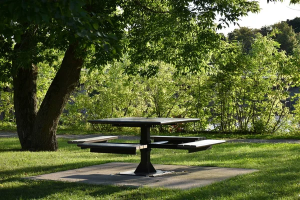 A picnic table under the trees, Montmagny, Quebec, Canada - Stock Image ...