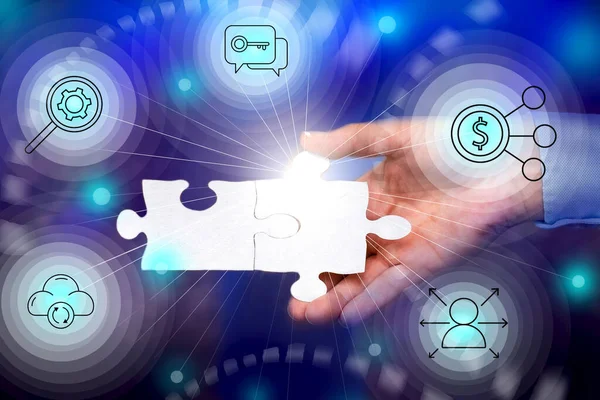 Hand Holding Jigsaw Puzzle Piece Unlocking New Futuristic Technologies ...