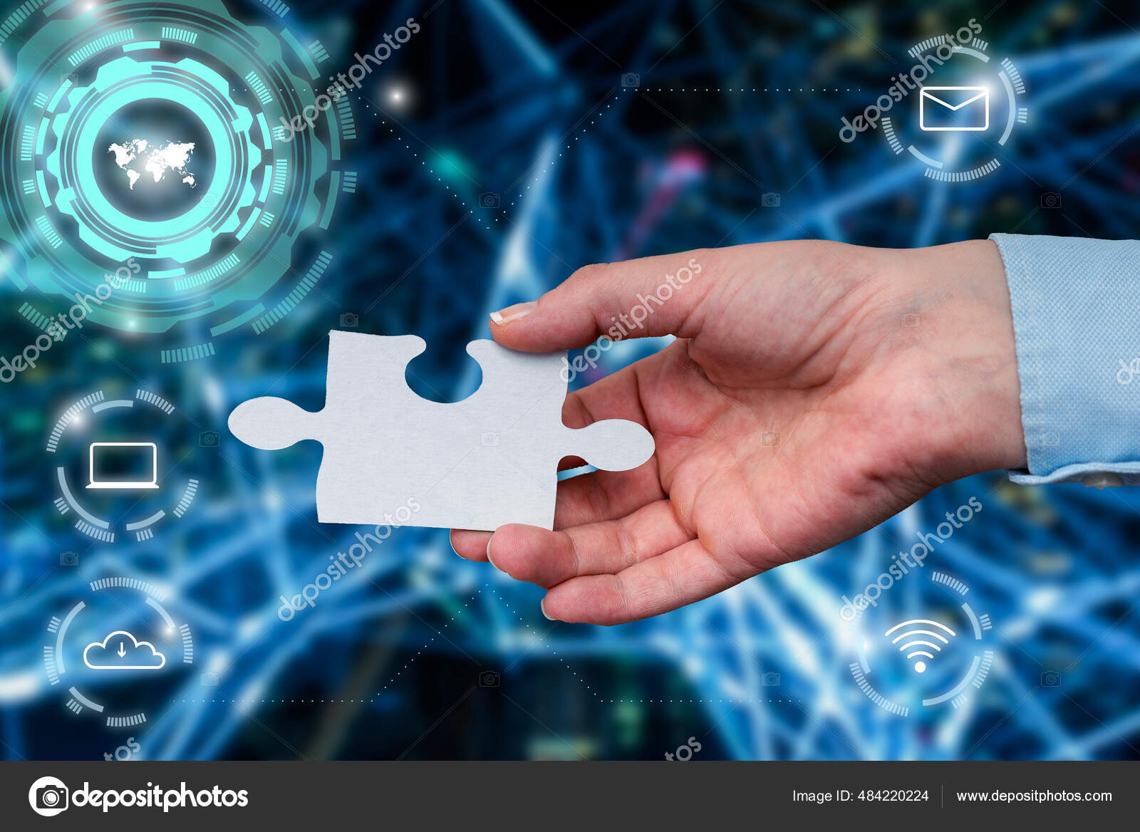 Hand Holding Jigsaw Puzzle Piece Unlocking New Futuristic Technologies ...