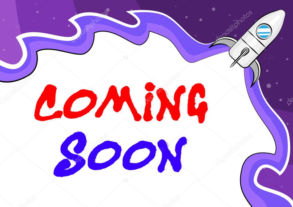 Letrero de escritura a mano próximamente. Word Written on a event that ...