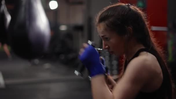 Female boxer strikes using dumbbells at boxing gym — Stock Video ...