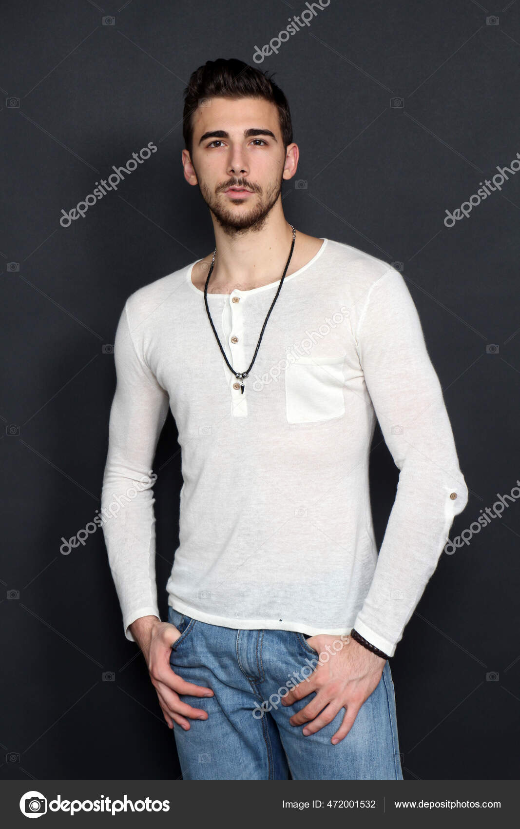 Attractive Male Model Short Hair Posing Studio Isolated Background ...