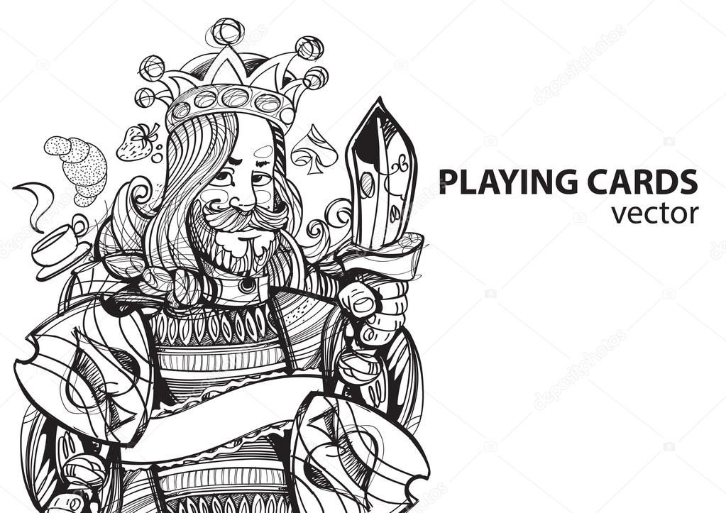 Rey de picas jugando al palo de cartas. Esquema de dibujo . Vector de ...
