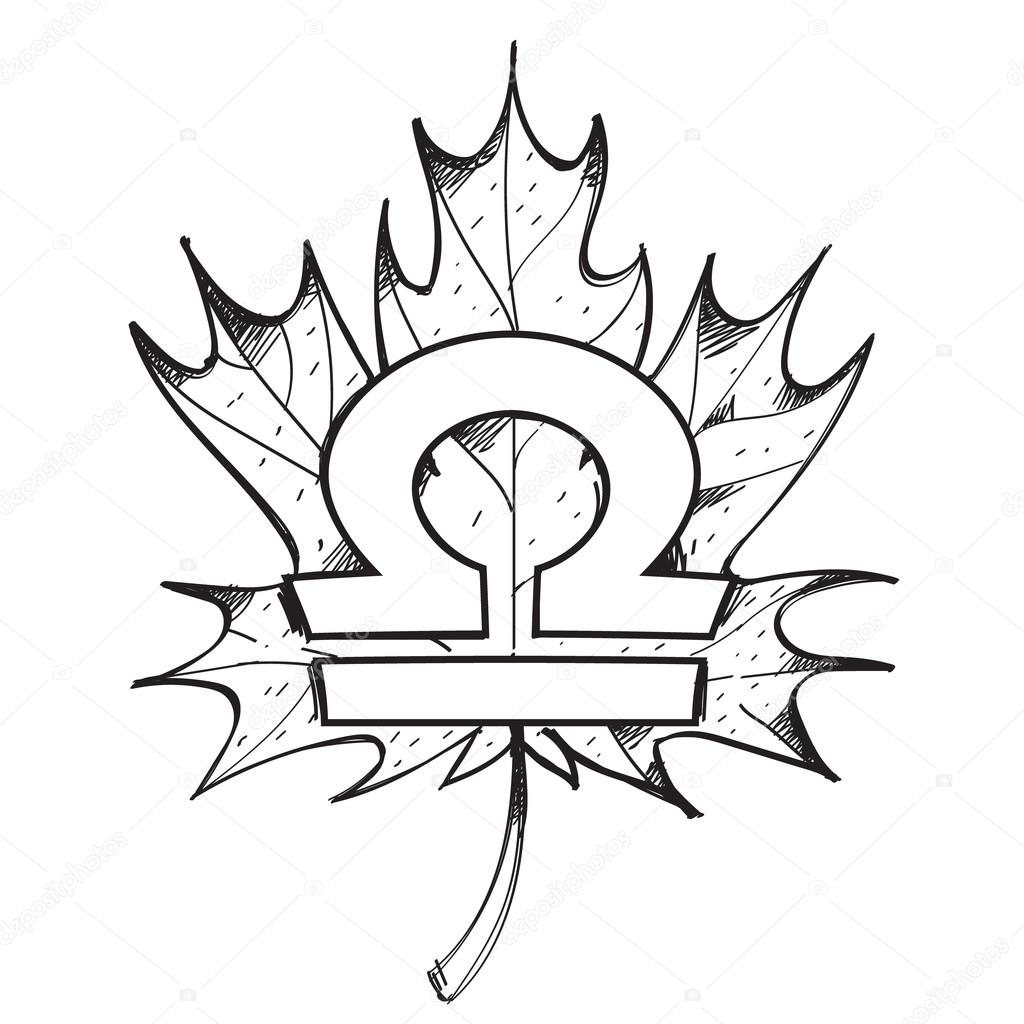 Libra zodiac sign on a background of the maple leaf outline drawing ...