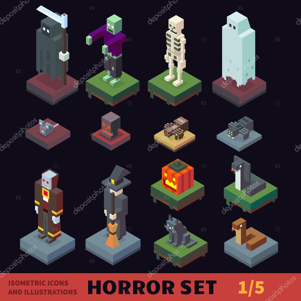 Isometric horror vector flat illustration set. Halloween theme. Stock ...