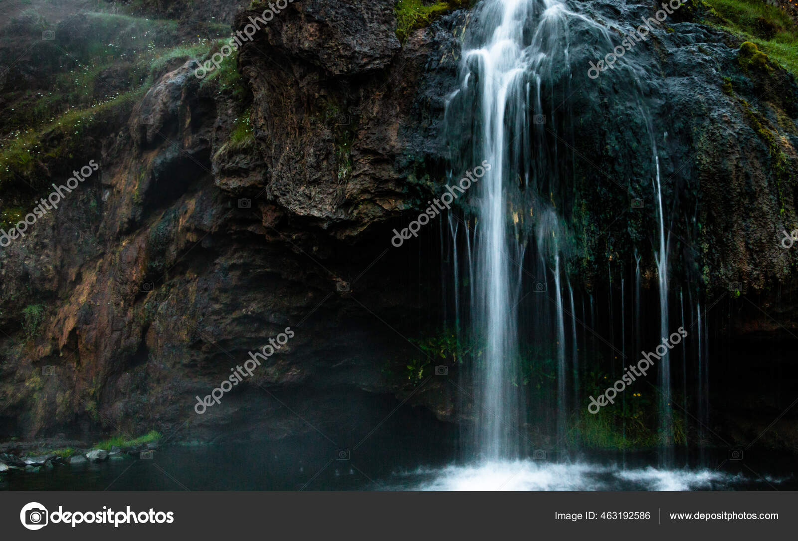 Steam Rising Hot Spring Waterfall Steep Rock Formation Iceland — Stock ...