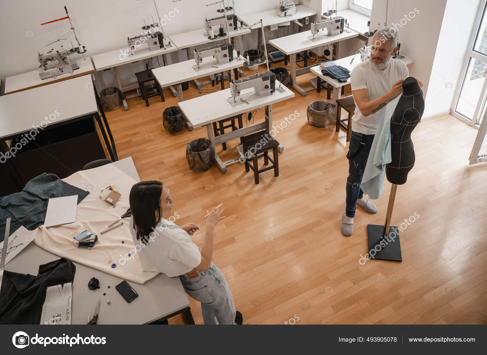 Overhead View Interracial Designers Talking Mannequin Studio — Stock ...