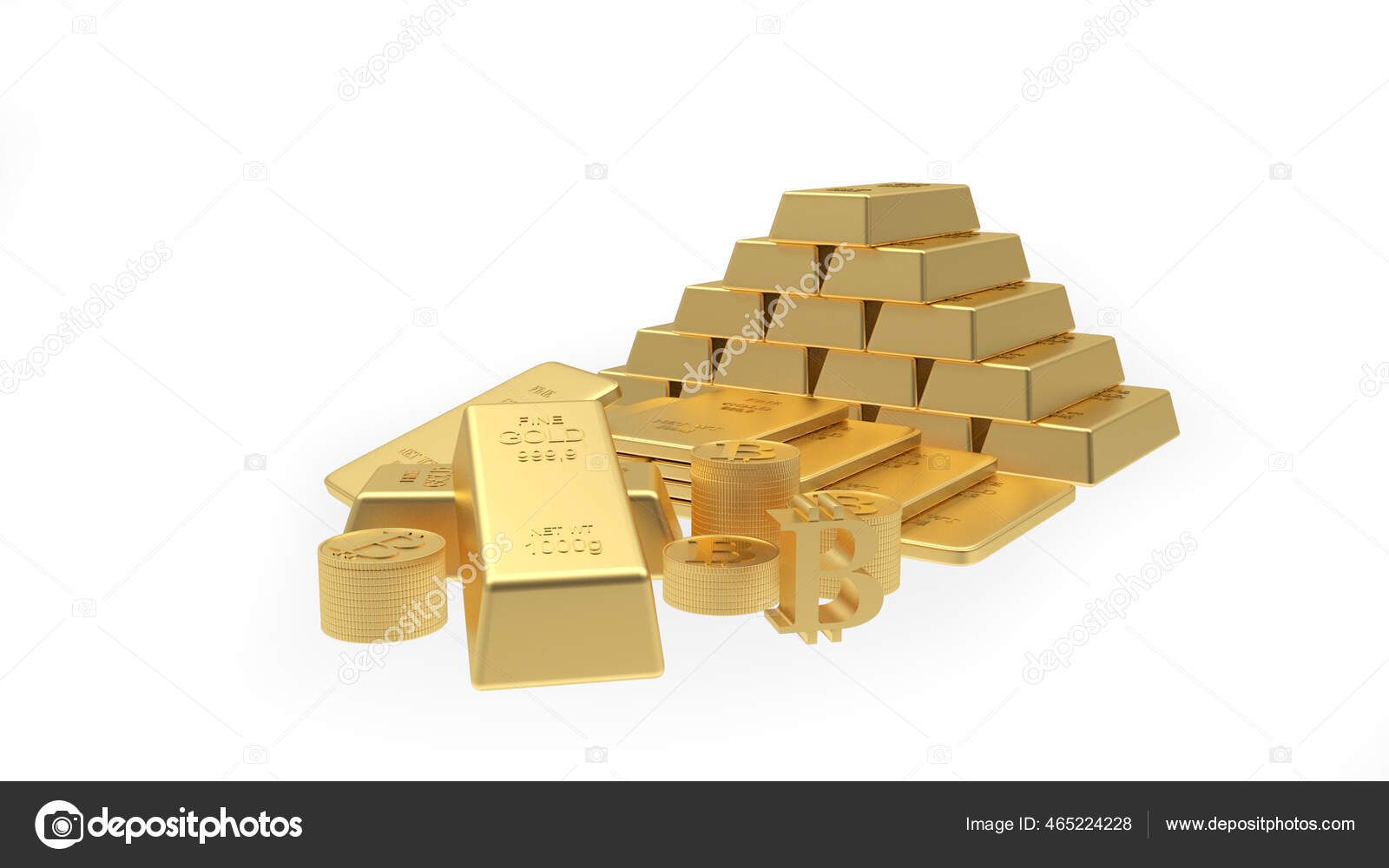 Gold Bars Stacked Pyramid Coins Bitcoin Sign White Illustration — Stock ...