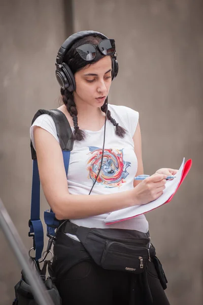 Behind the scene. Sound director technician with headset on his head ...