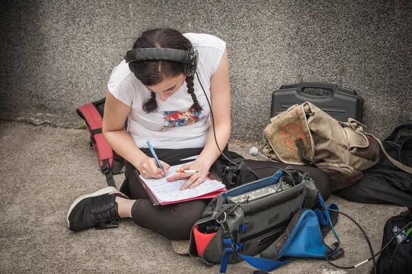 Behind the scene. Sound director technician with headset on his head ...