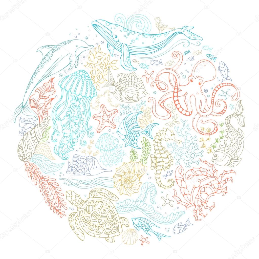 Ocean animals and plants contours. Stock Vector Image by ©Maljuk #111735590