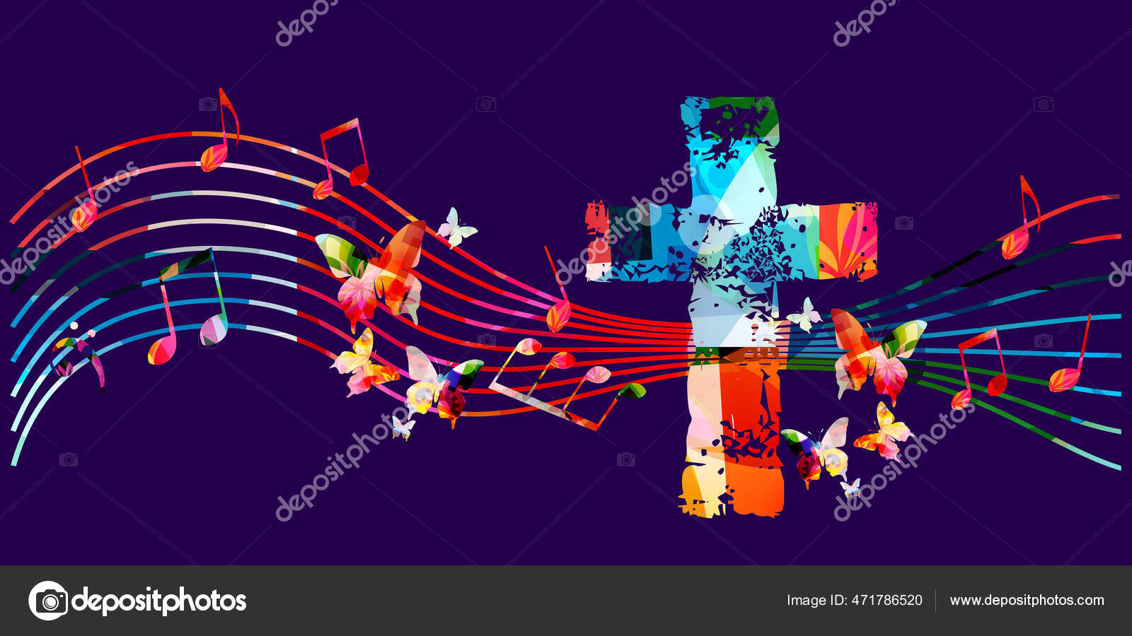 Colorful Christian Cross Musical Notes Vector Illustration Religion ...