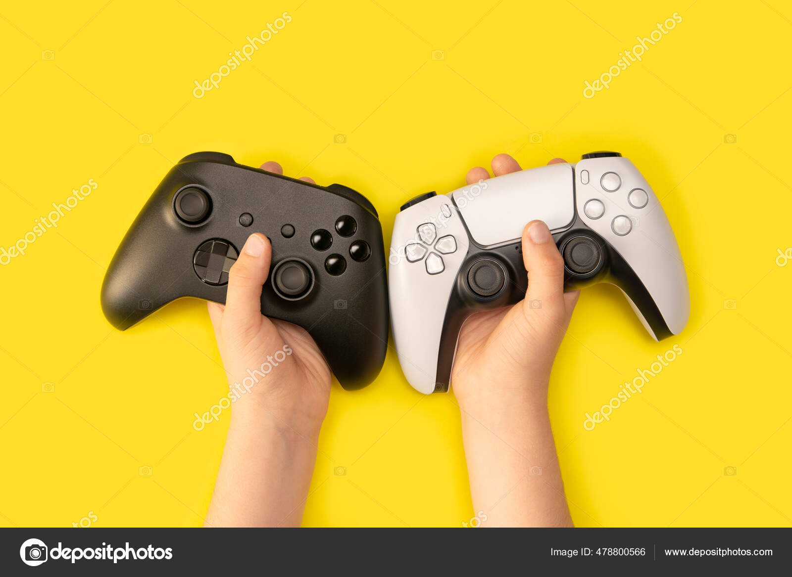 Kid Holding Game Controllers Yellow Background — Stock Photo ...