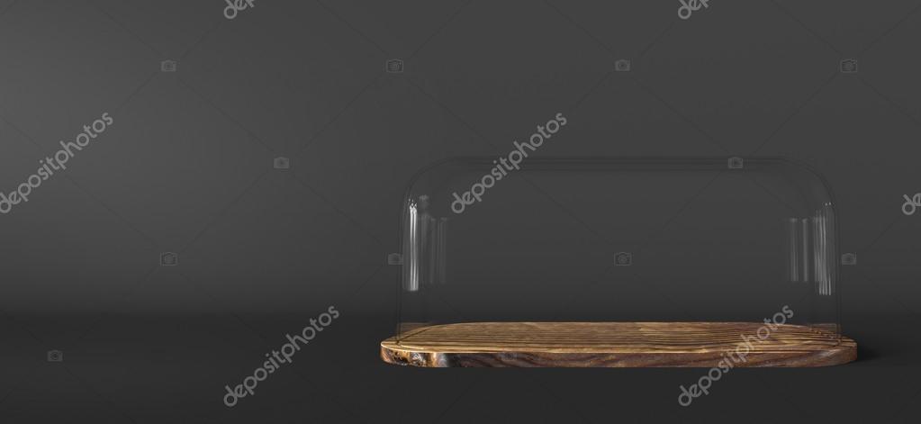 Glass box with wooden tray on dark background Stock Photo by ...