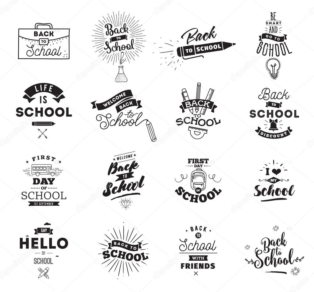 Volver a la escuela conjunto de etiquetas tipográficas . Vector de ...