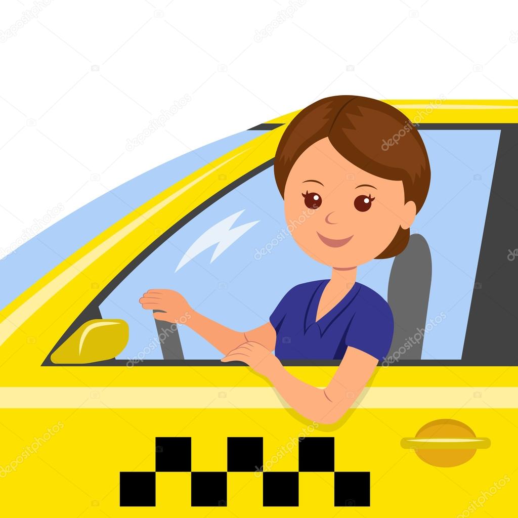 The girl behind the wheel of a taxi driver. Concept background banner ...