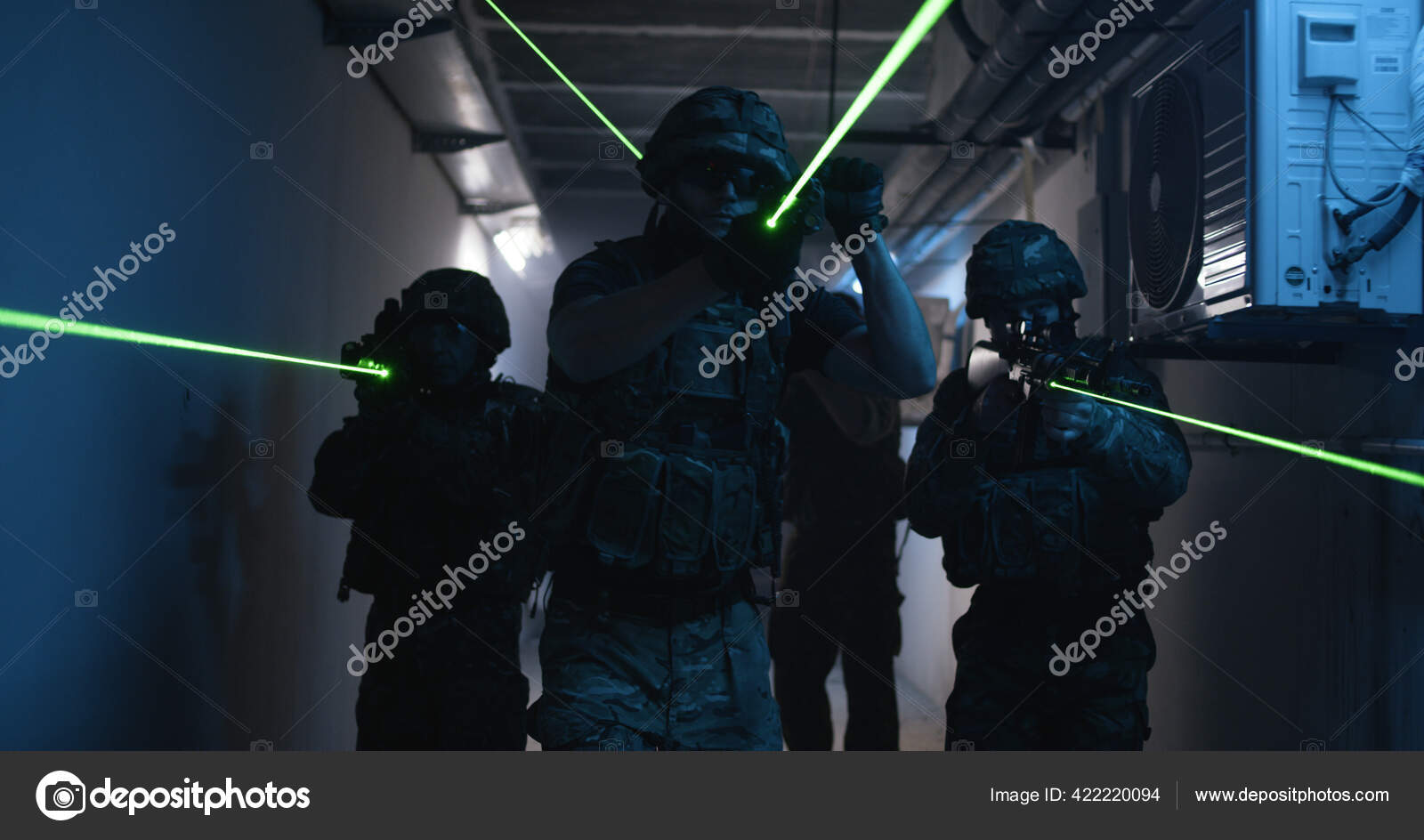 SWAT team with commander walking in dark corridor — Stock Photo ...