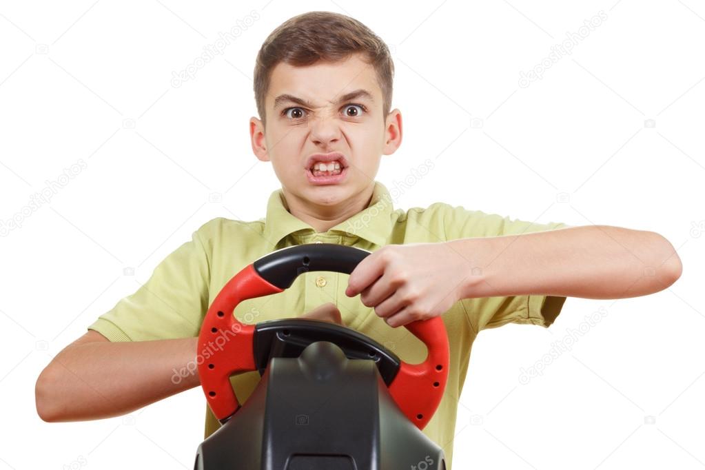 Angry Boy plays a driving game console, isolated on white Stock Photo ...