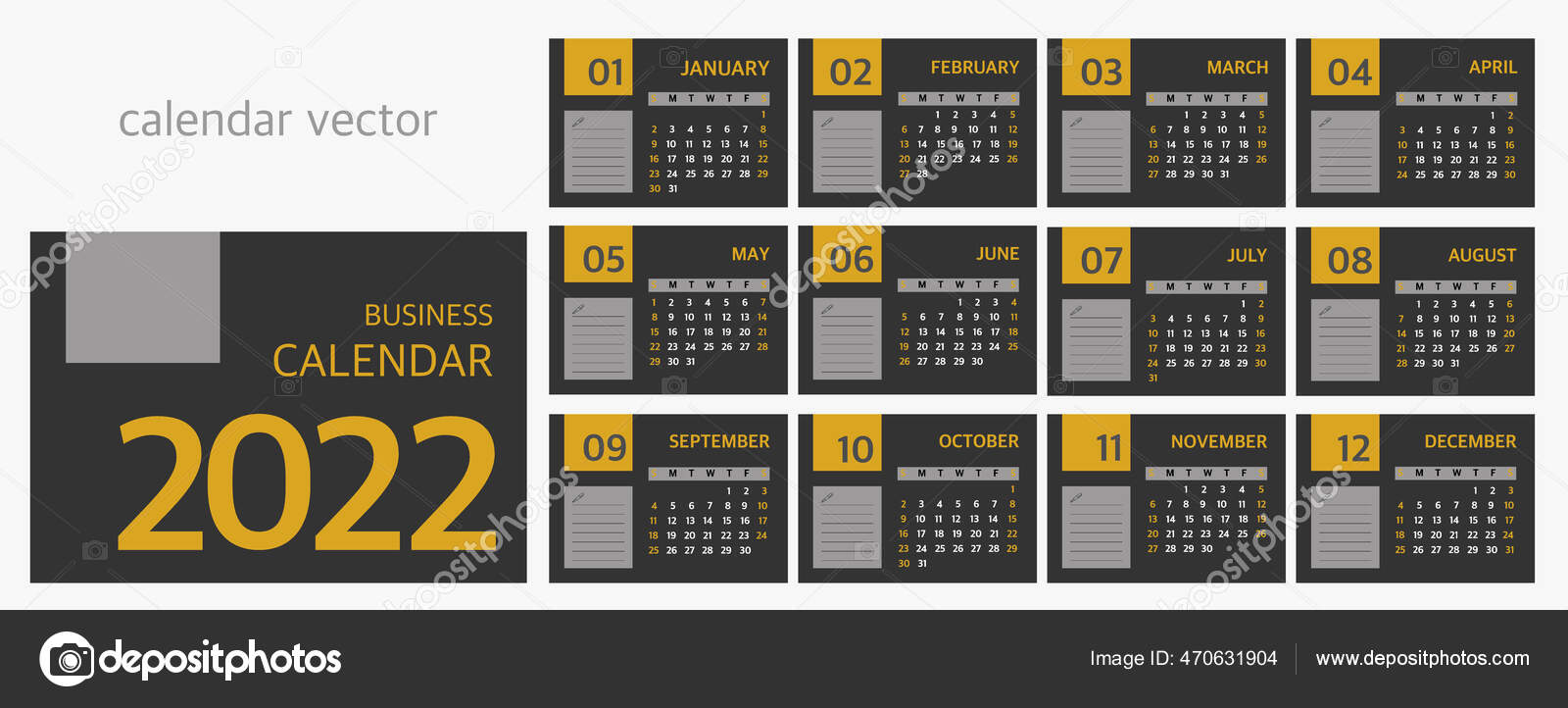 Calendar 2022 Business Style Set Months Week Starts Sunday Stock Vector ...