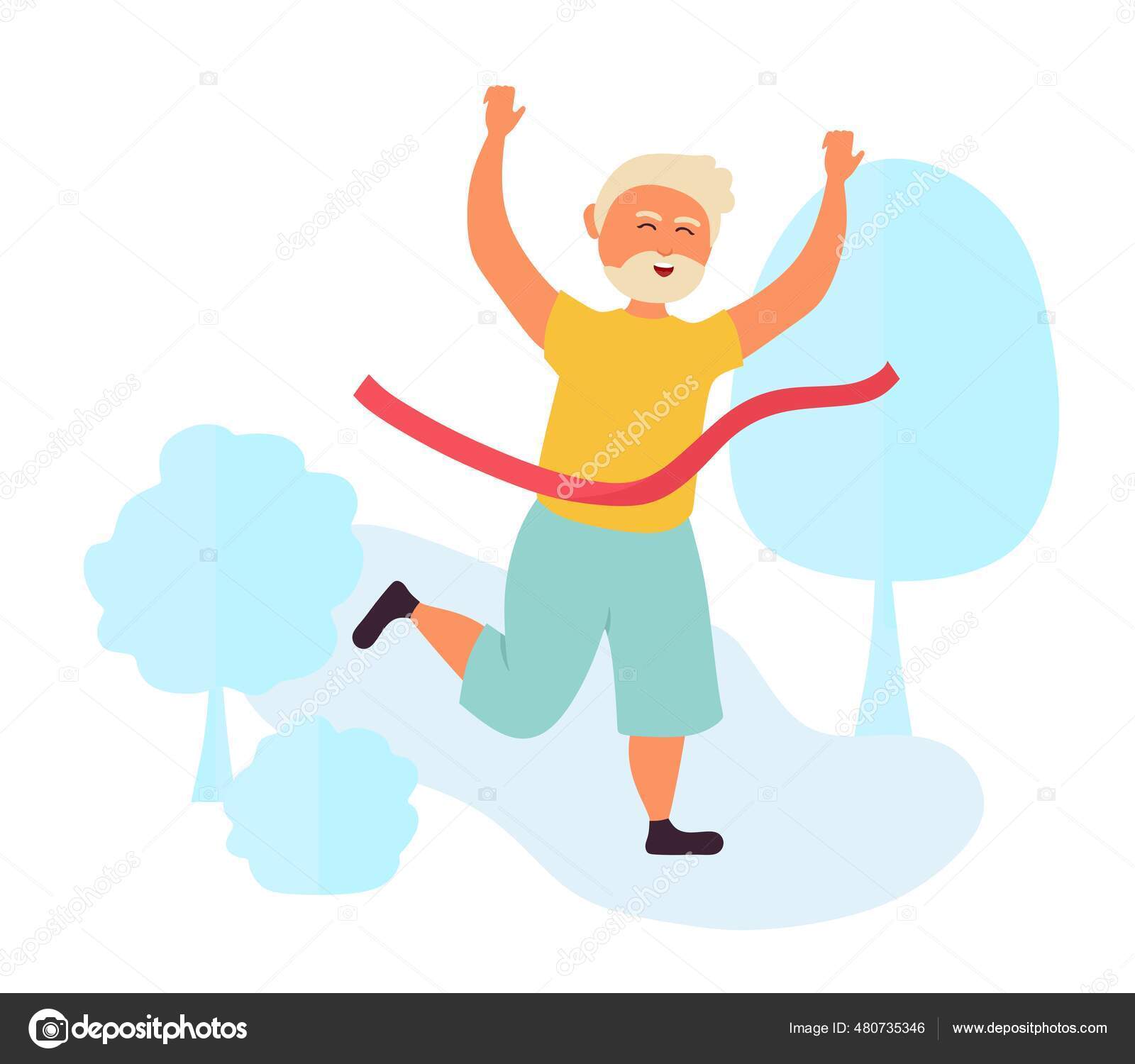 Old people grandpa runs a marathon and finishes with a red ribbon ...