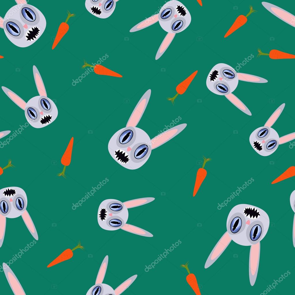 Funny hares in cartoon style with a carrot. Green seamless background ...