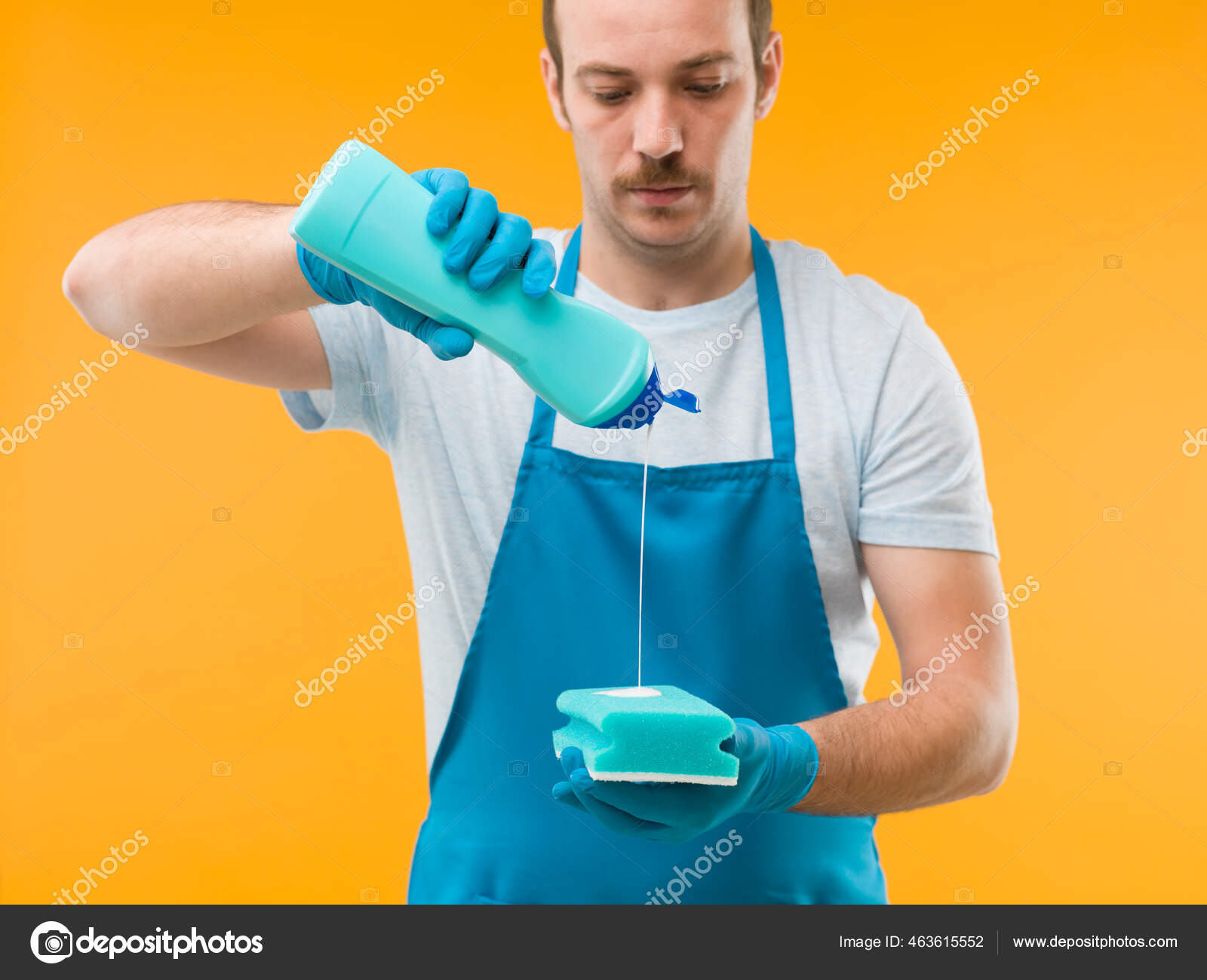 Man Wearing Apron Pouring Liquid Detergent Sponge Yellow Background ...