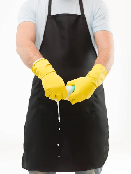 Man Wearing Apron Pouring Liquid Detergent Sponge Yellow Background ...
